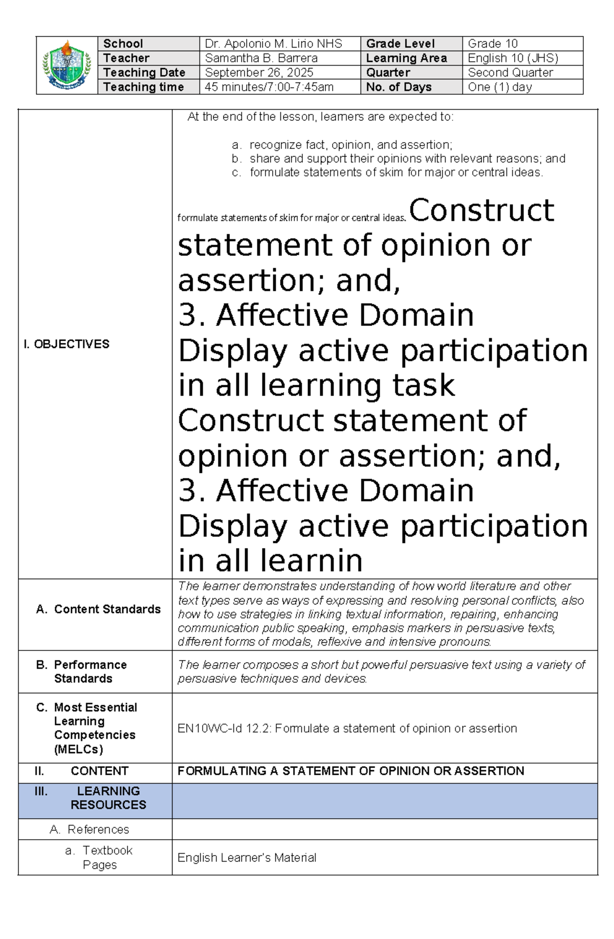Grade 10 English 10 (JHS) Lesson Plan: Opinion vs Assertion - Studocu