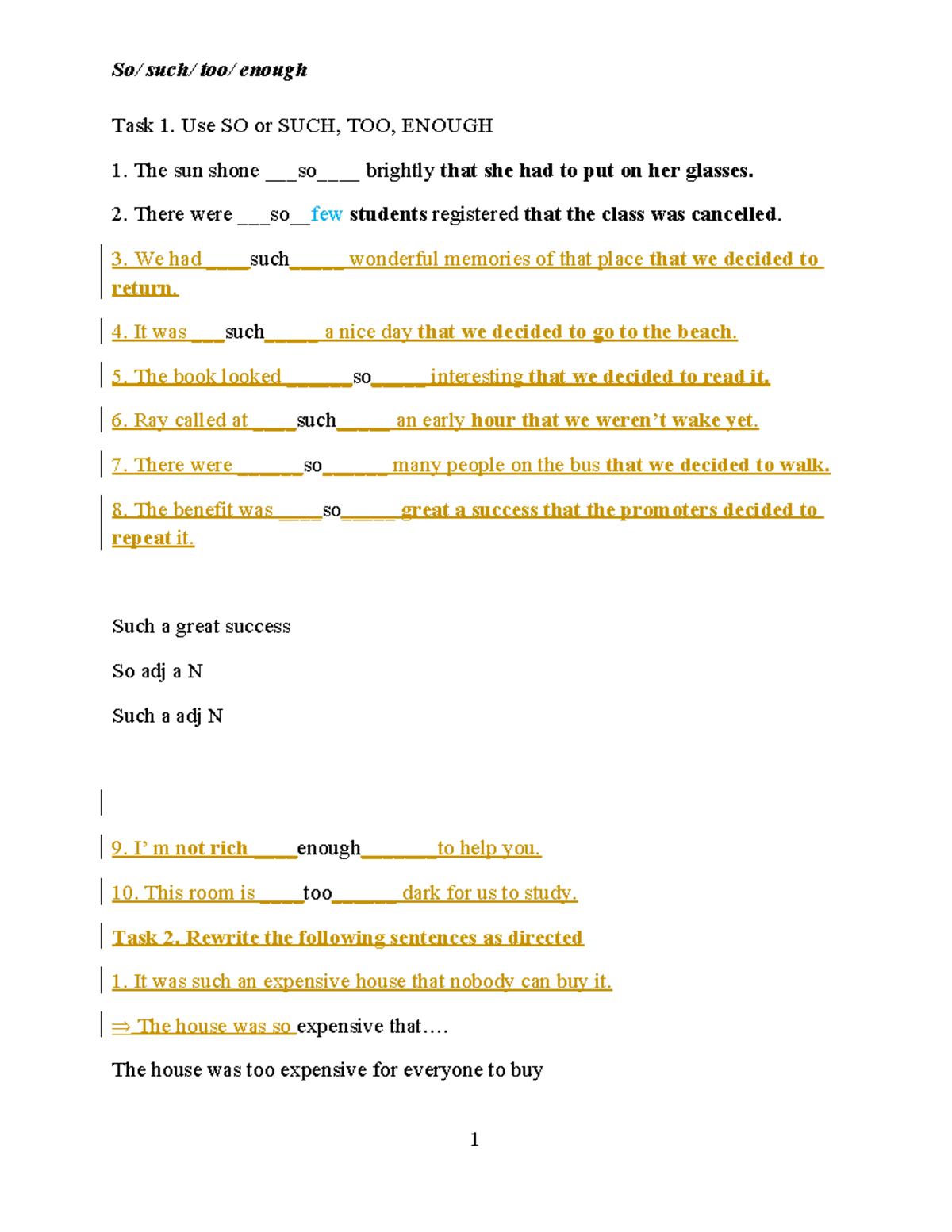So, Such, Too, Enough: Task Exercises and Answers - Studocu