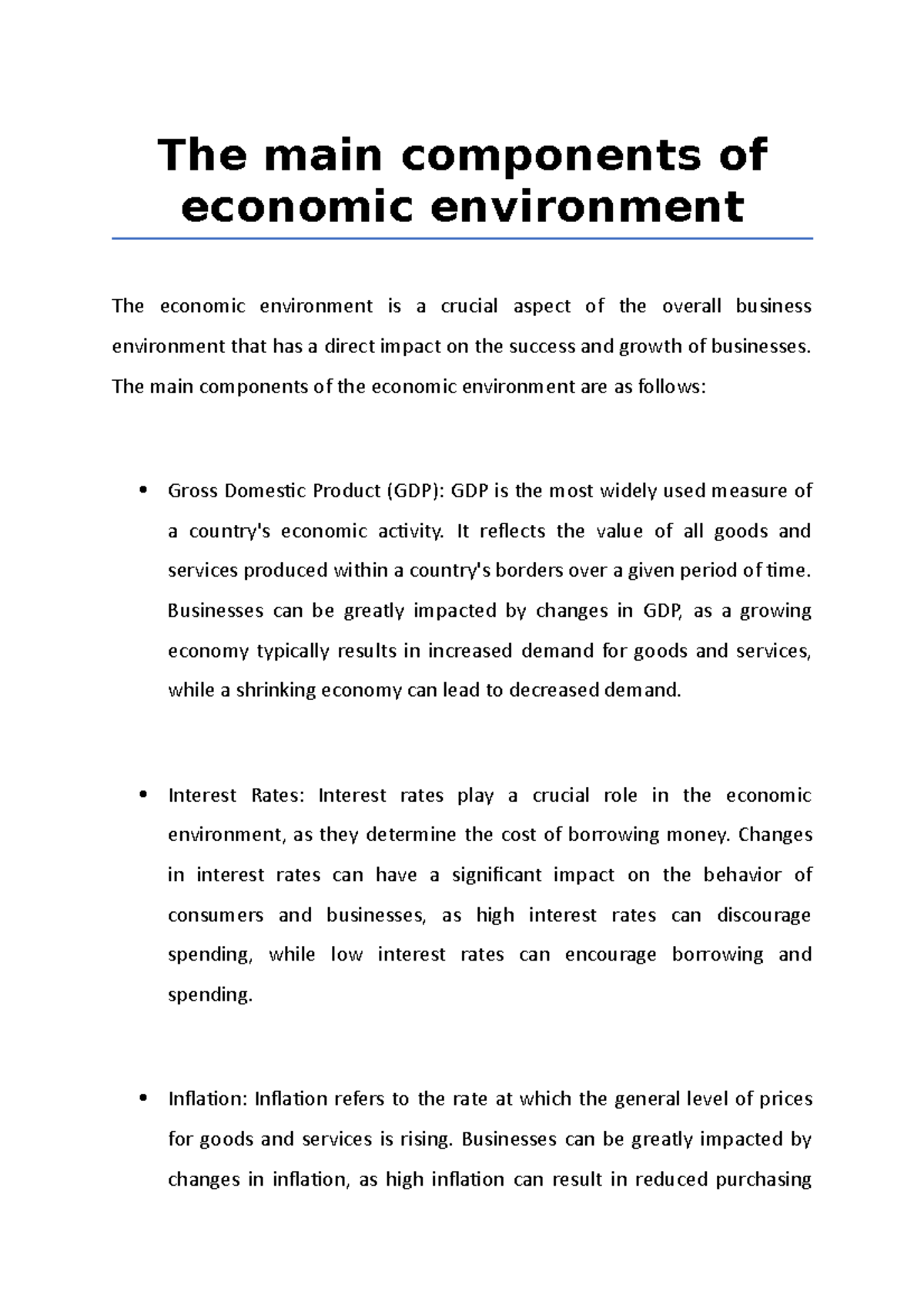 Key Components of Economic Environment for Business Success - Studocu