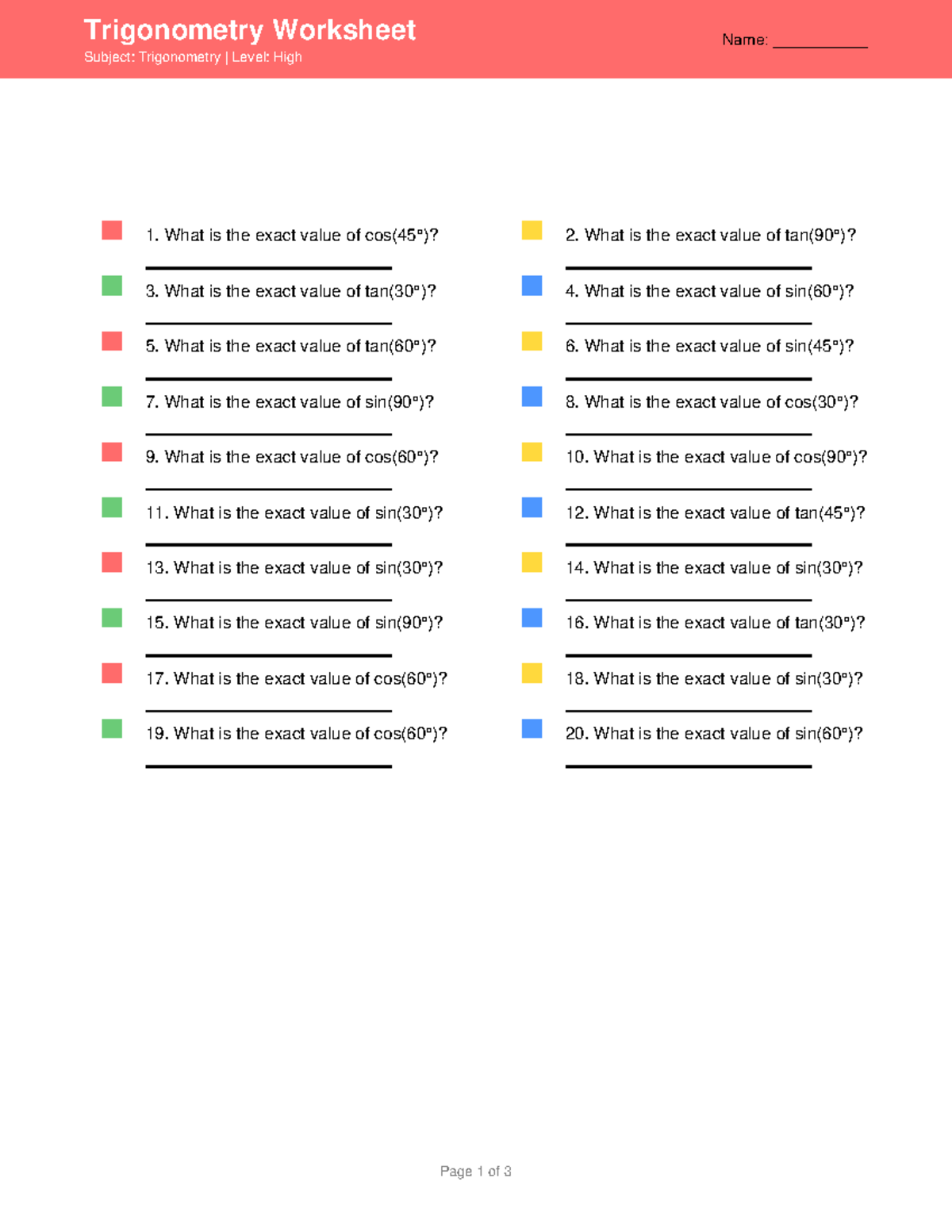 Trigonometry Worksheet (High Level) - Exact Values Practice - Studocu
