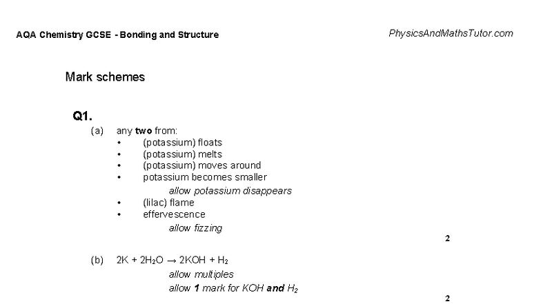 AQA Chemistry GCSE Bonding and Structure Mark Schemes Analysis - Studocu