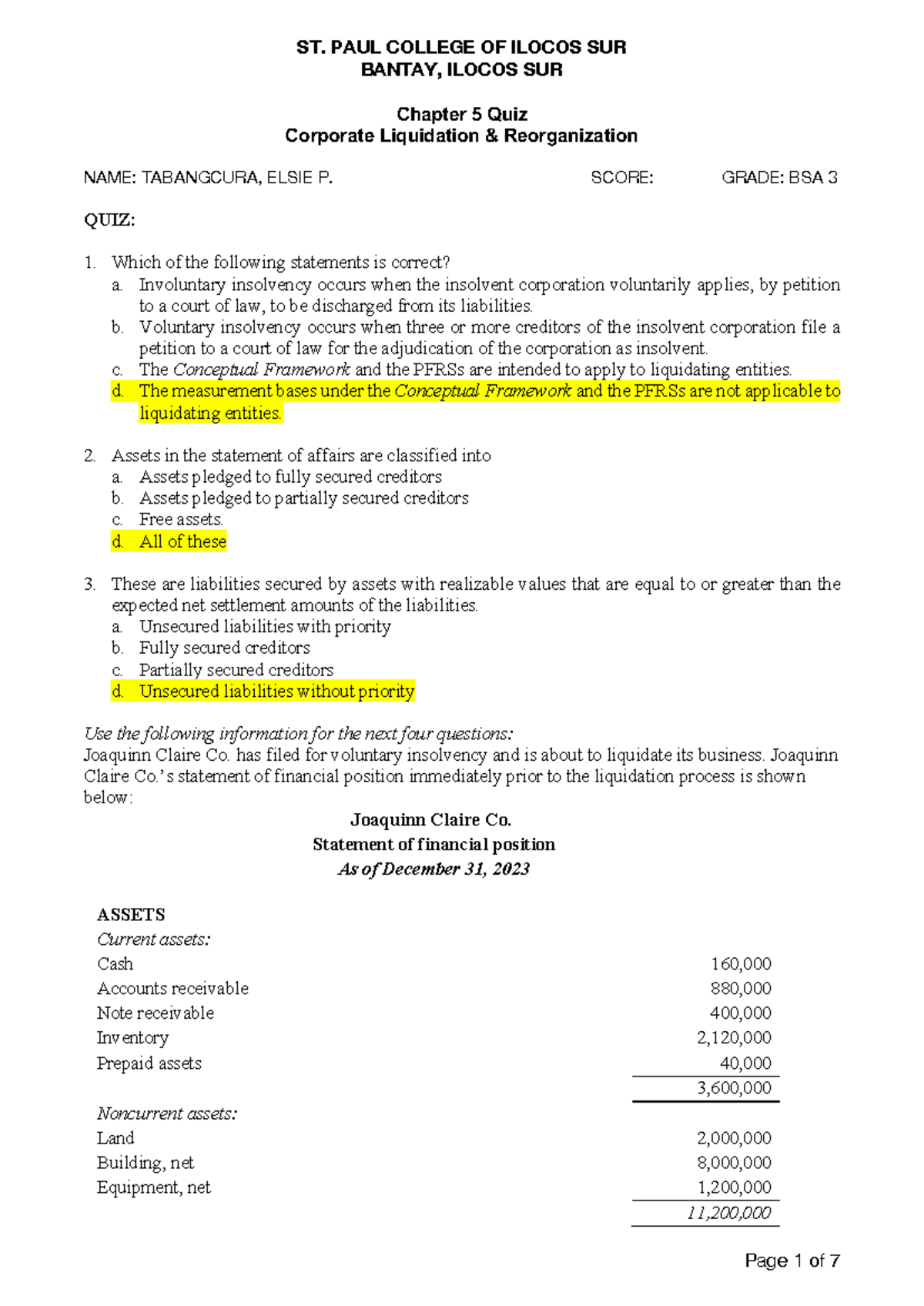 Chapter 5 Quiz 109: Corporate Liquidation & Reorganization - Accounting - Studocu