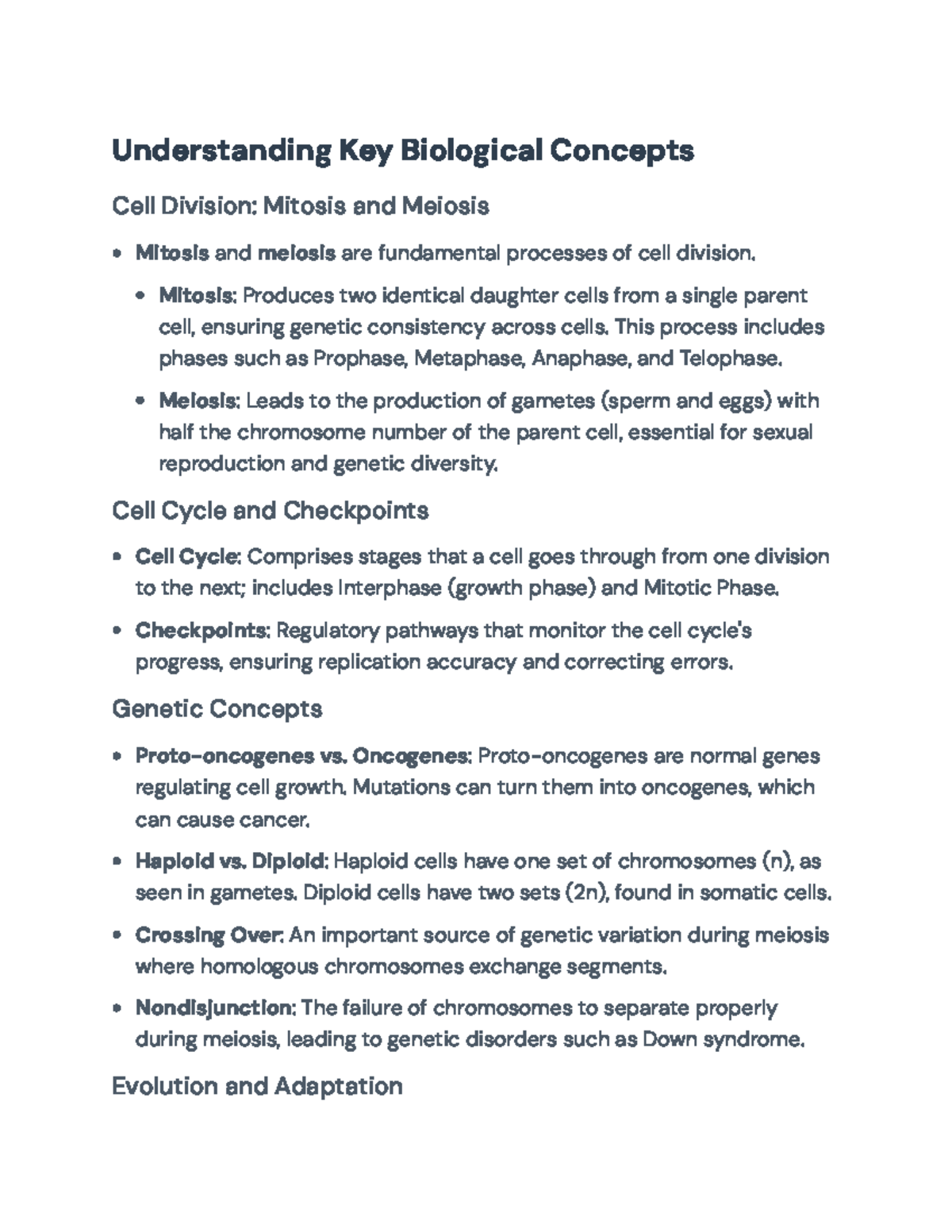 Biology 101: Cell Division, Genetics, and Evolution Concepts Summary ...
