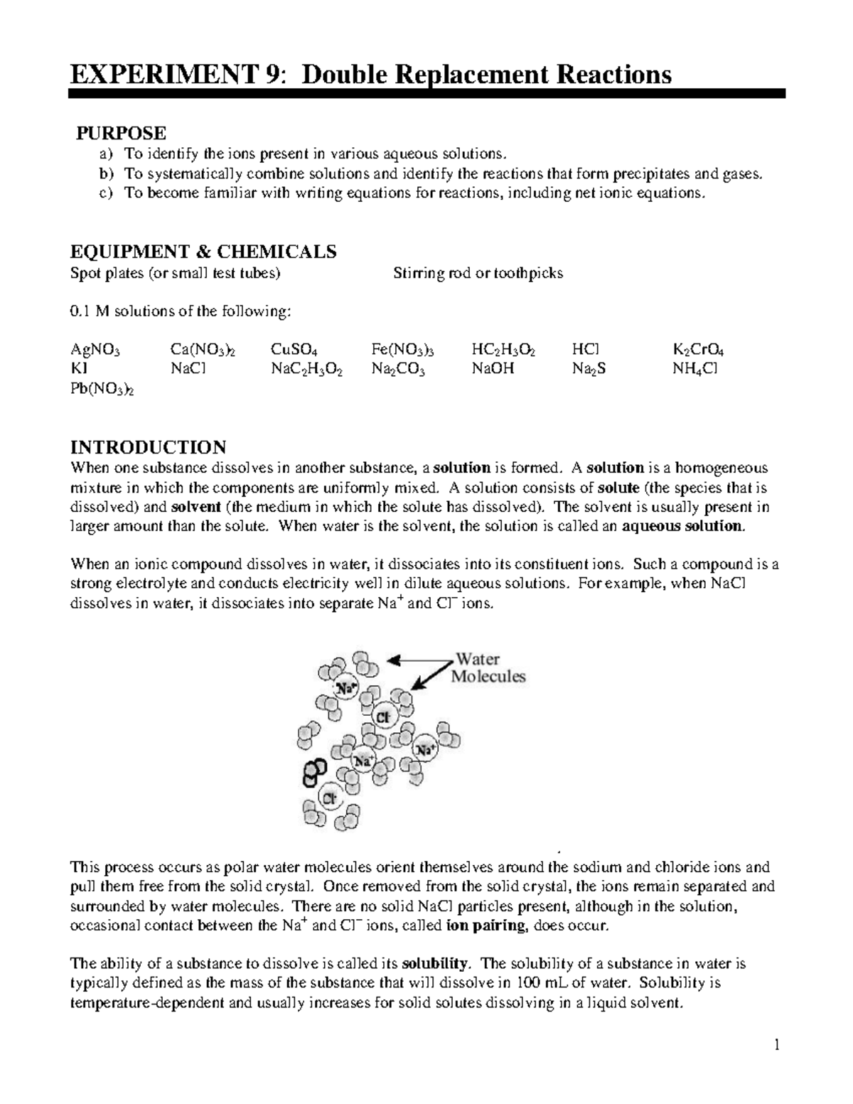 Experiment 9: Double Replacement Reactions and Observations - Studocu