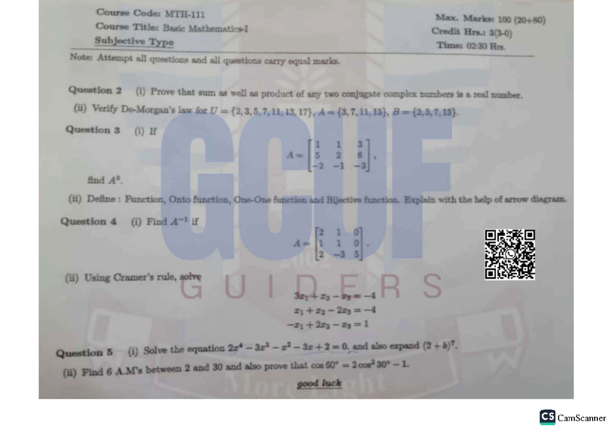 Basic Math Exam Solutions - CS 100 - Subjective Type Paper - Studocu