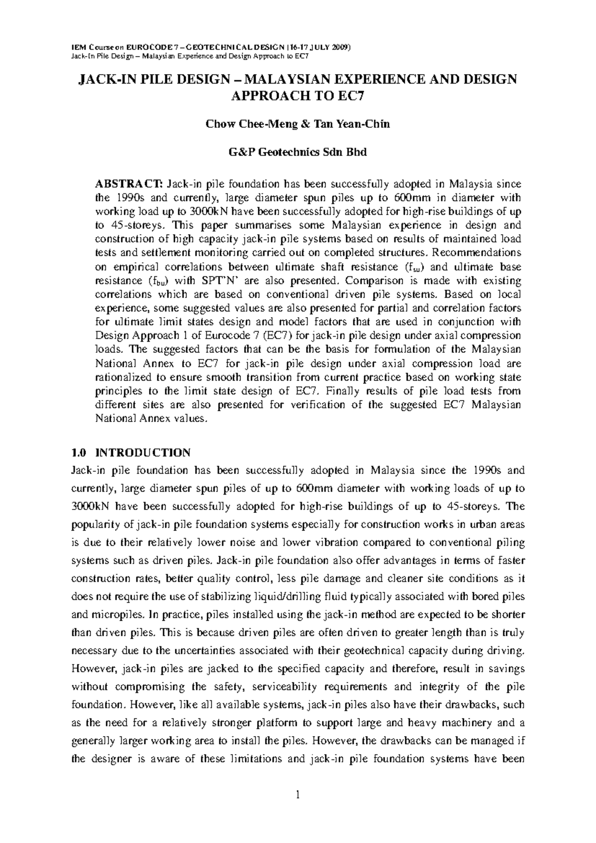 Jack-In Pile Design - Malaysian Insights and EC7 Approach - Studocu