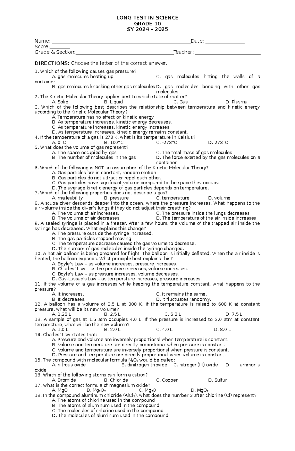 Grade 10 Science Long Test SY 2024-2025: Kinetic Molecular Theory & Gas ...