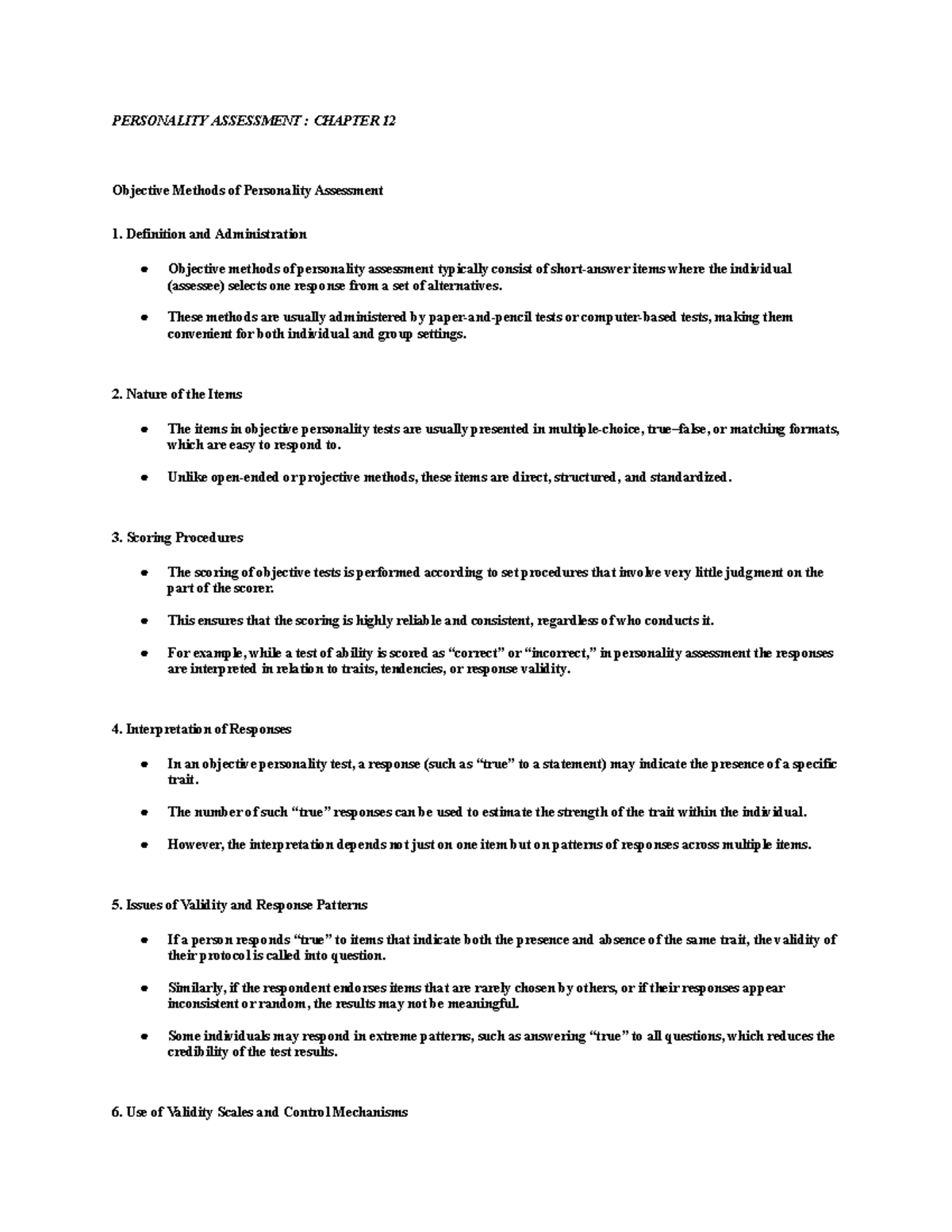 Personality Assessment (PSY 101): Chapter 12 - Objective Methods ...