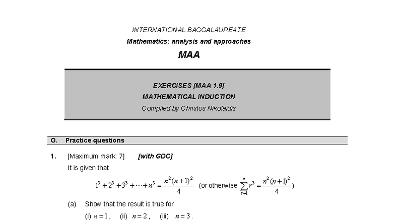 MAA 1.9: Mathematical Induction Exercises and Solutions - Studocu