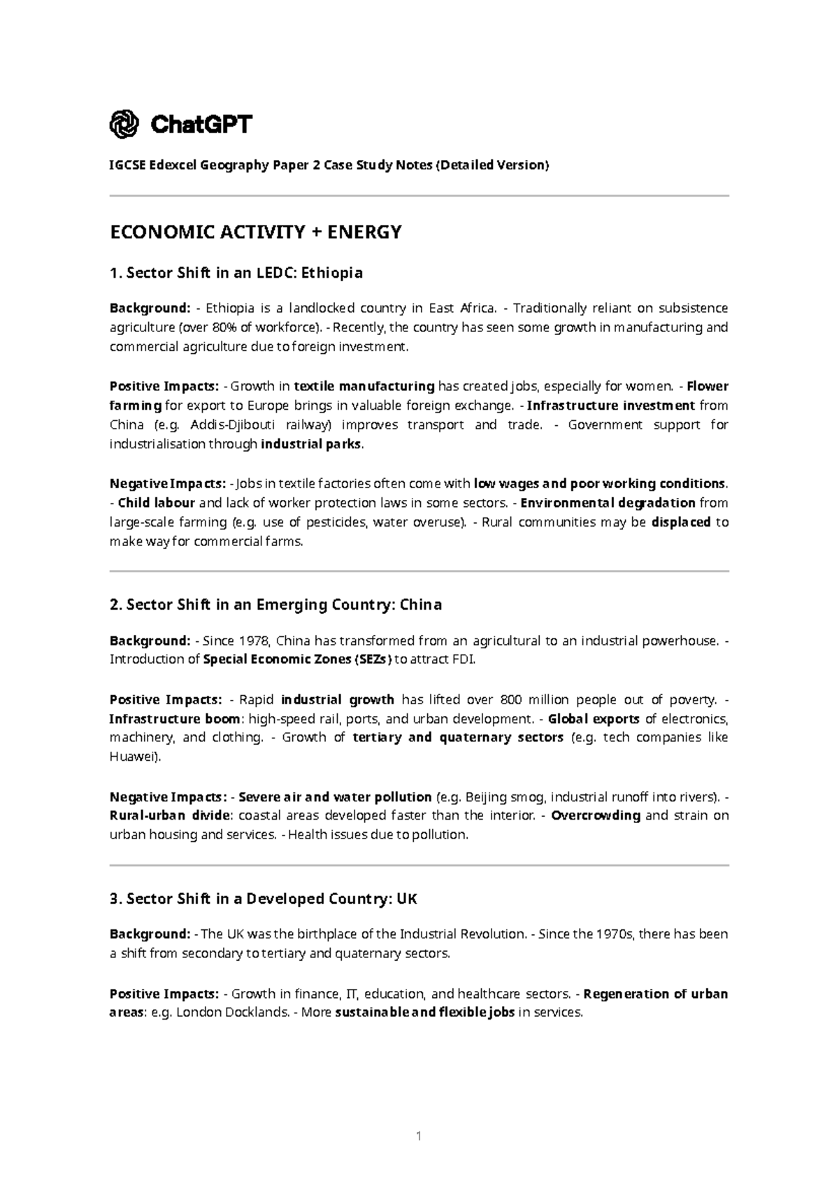 IGCSE Edexcel Geography Paper 2 Case Study Notes: Economic Activity ...