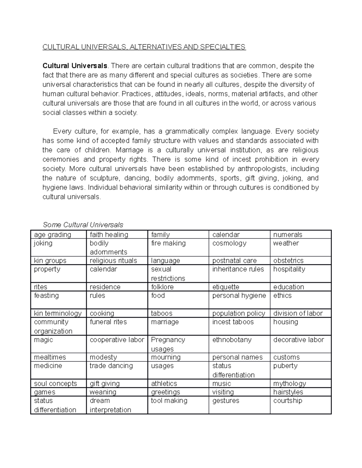 Cultural Universals: Comparative Insights and Alternatives in Societies ...