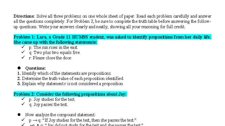 Activity in Logic: Problem Solving for HUMSS 11 - Studocu