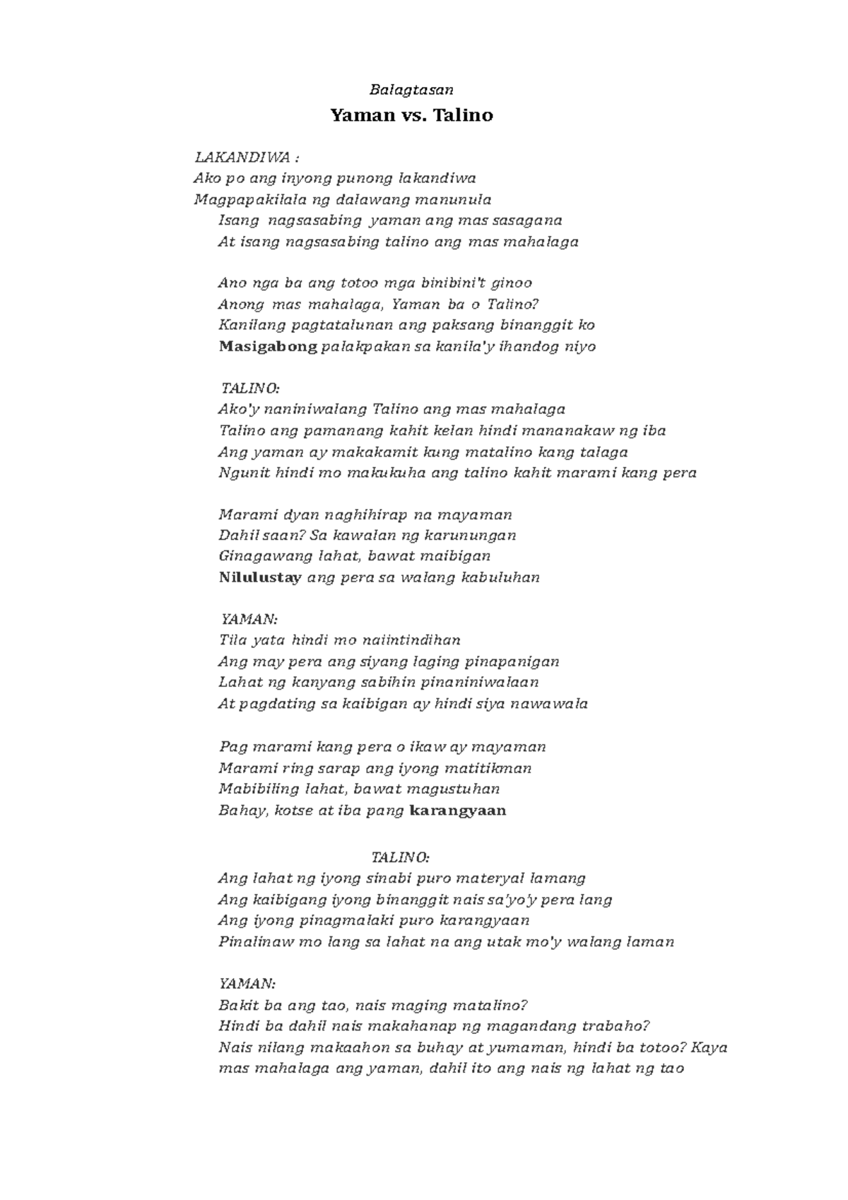 Iskrip Balagtasan - script - Balagtasan Yaman vs. Talino LAKANDIWA ...