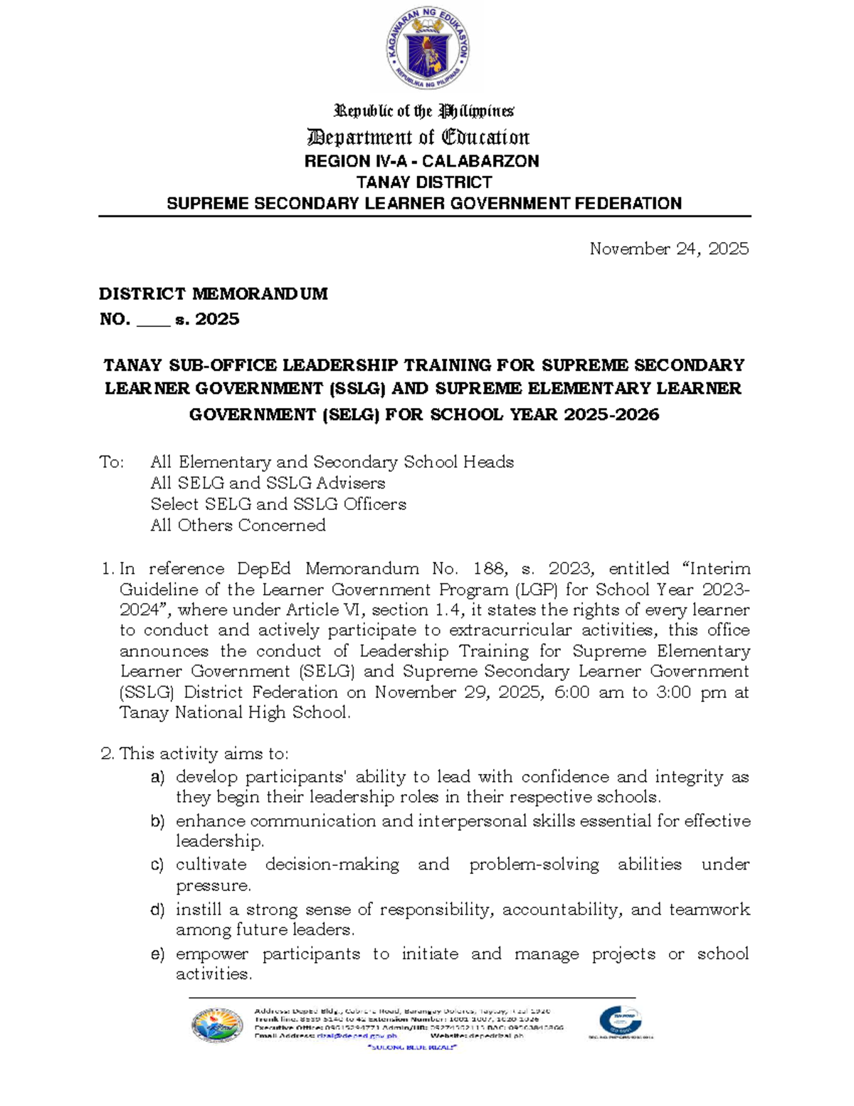 2025 District Memo: SSLG & SELG Leadership Training in Tanay - Studocu
