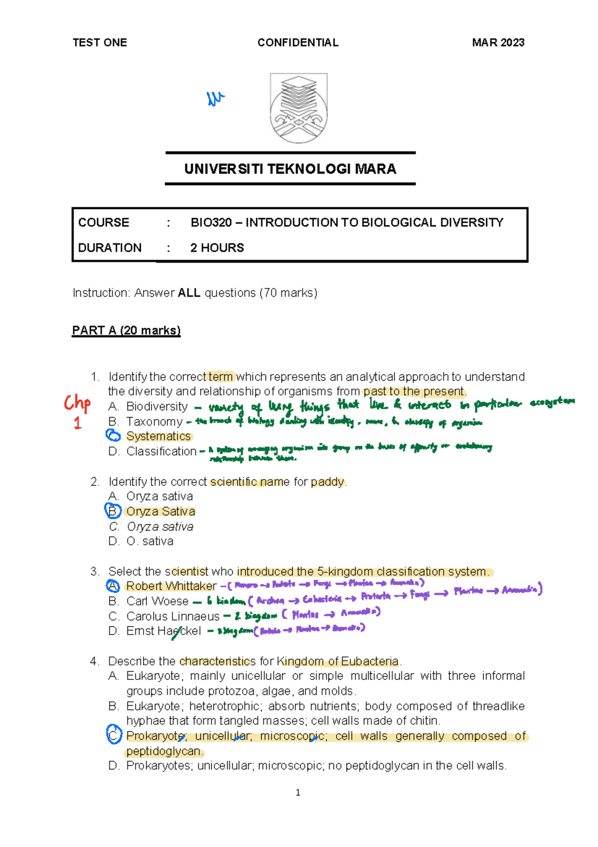 BIO320 TEST ONE CONFIDENTIAL MARCH 2023 - INTRO TO BIOLOGICAL DIVERSITY ...