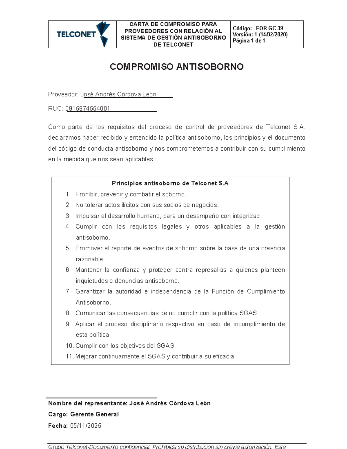 3. FOR GC 39 - Carta de Compromiso Proveedores SGAS Antisoborno - Studocu