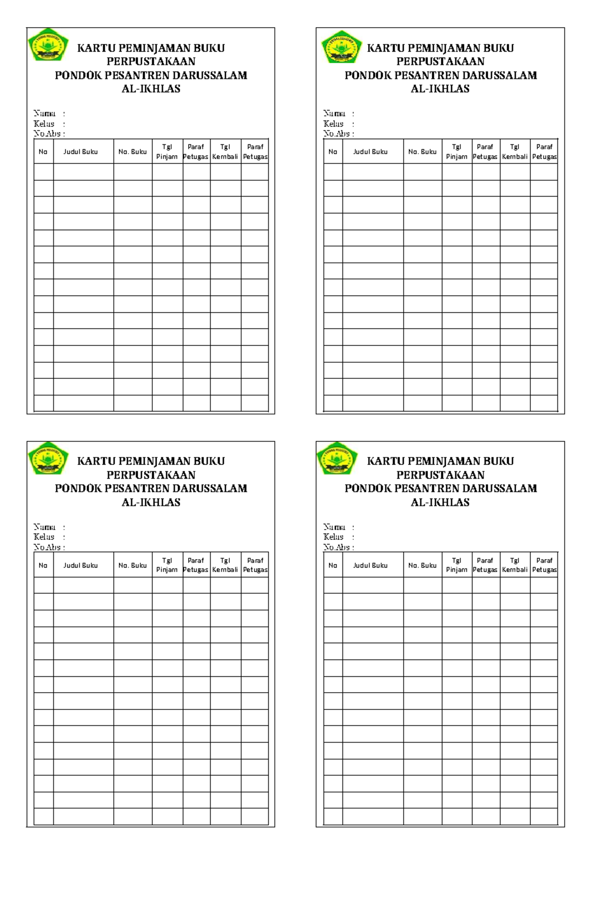 Kartu Peminjaman Buku Perpustakaan Pondok Pesantren 446651323 - Studocu
