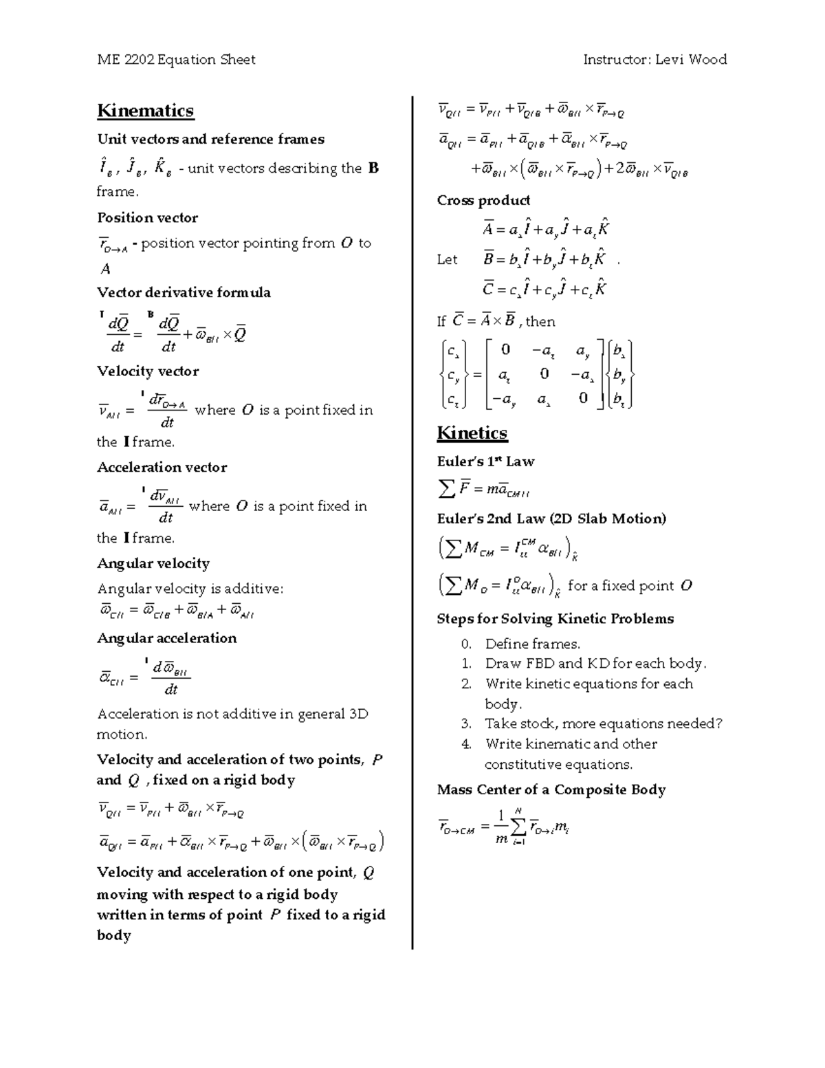ME 2202 Kinematics & Kinetics Equation Sheet - Studocu