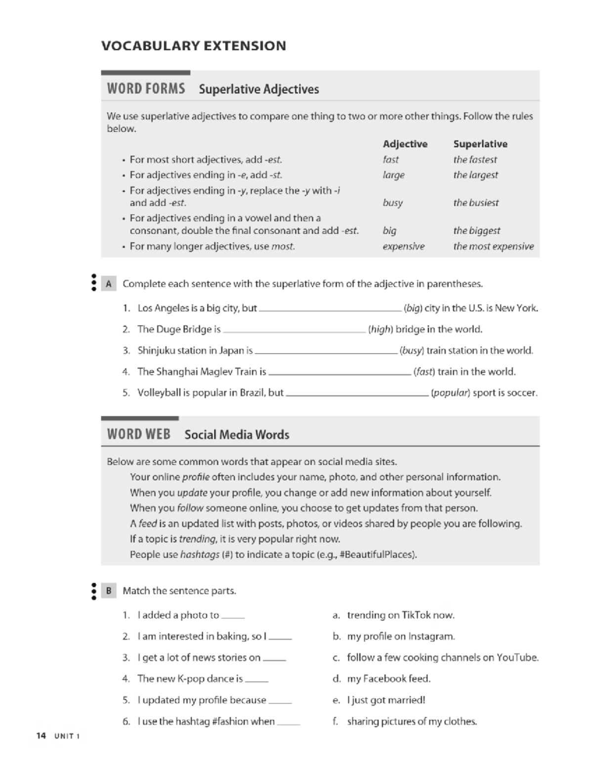 Unit 1b - Vocabulary: Superlative Adjectives & Social Media Terms - Studocu