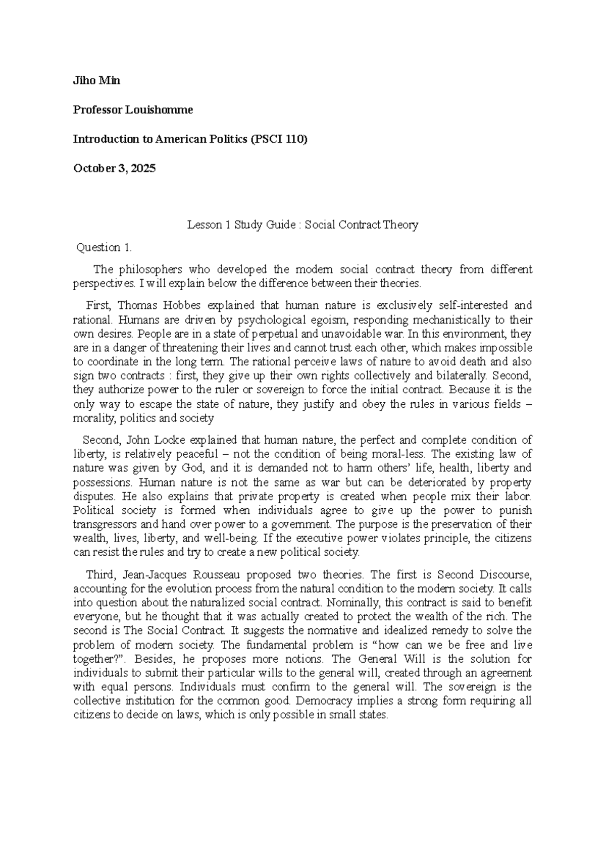 PSCI 110 Lesson 1 Study Guide: Social Contract Theory Overview - Studocu