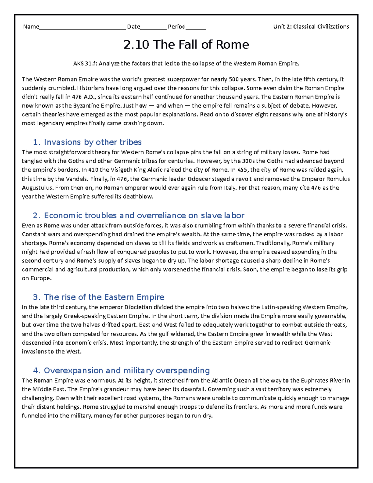 2.10 Fall of Rome - Key Factors Leading to Collapse - Student Notes ...