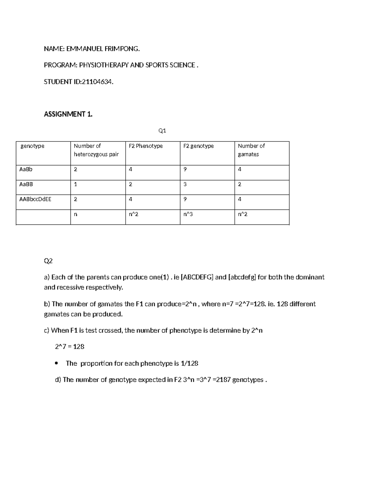 Genetics Assignment of Mendels thoery - NAME: EMMANUEL FRIMPONG ...
