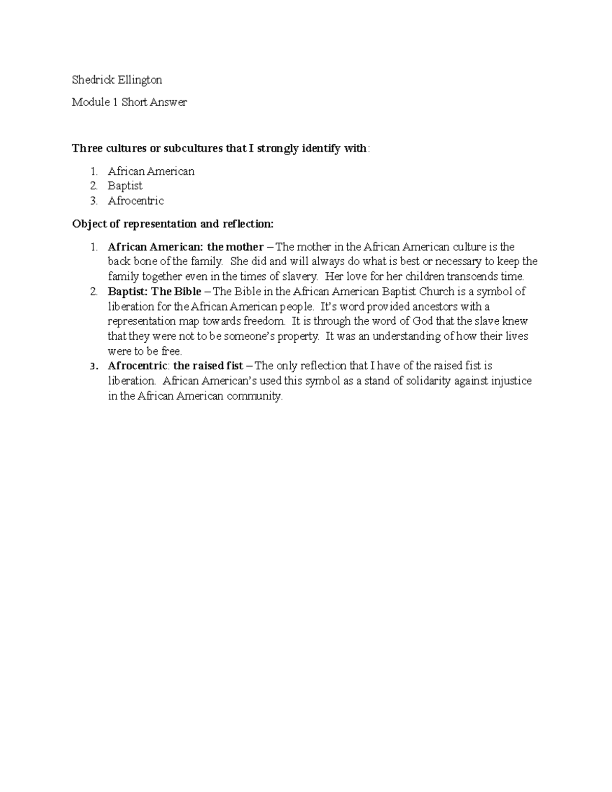 Module 1 Short Answer Humanities-Ellington - Shedrick Ellington Module ...