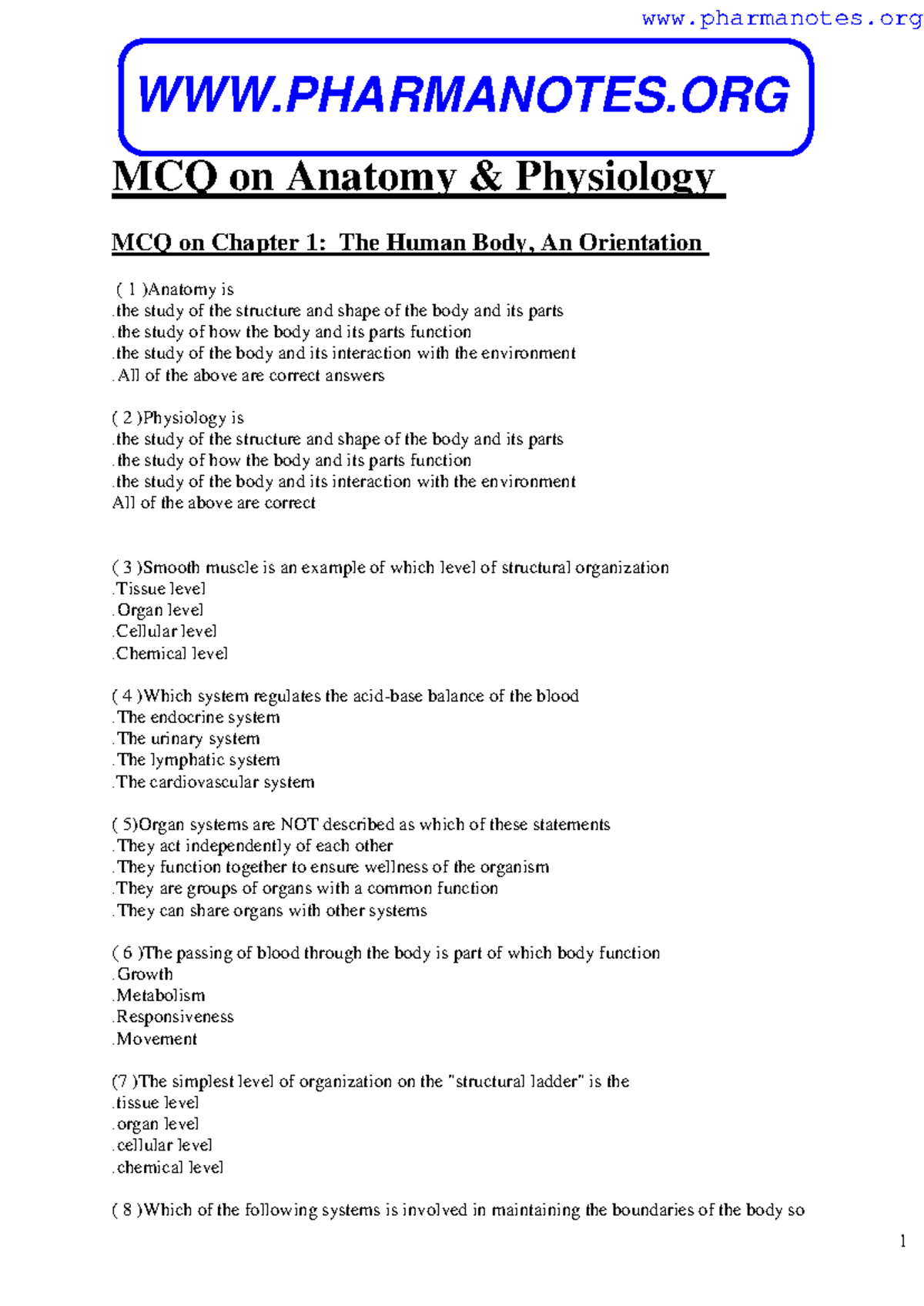 Anatomy and Physiology MCQ - MCQ on Anatomy & Physiology MCQonChapter 1 ...