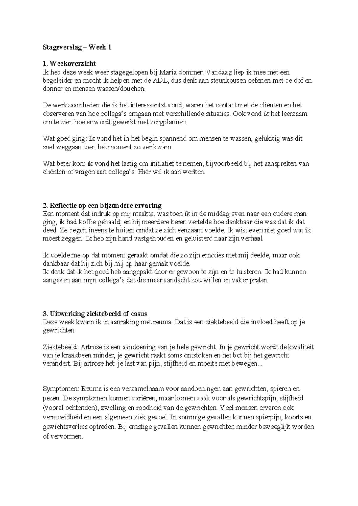 Stageverslag - Week 1 Reflectie en Ziektebeeld (Reuma) - Studeersnel