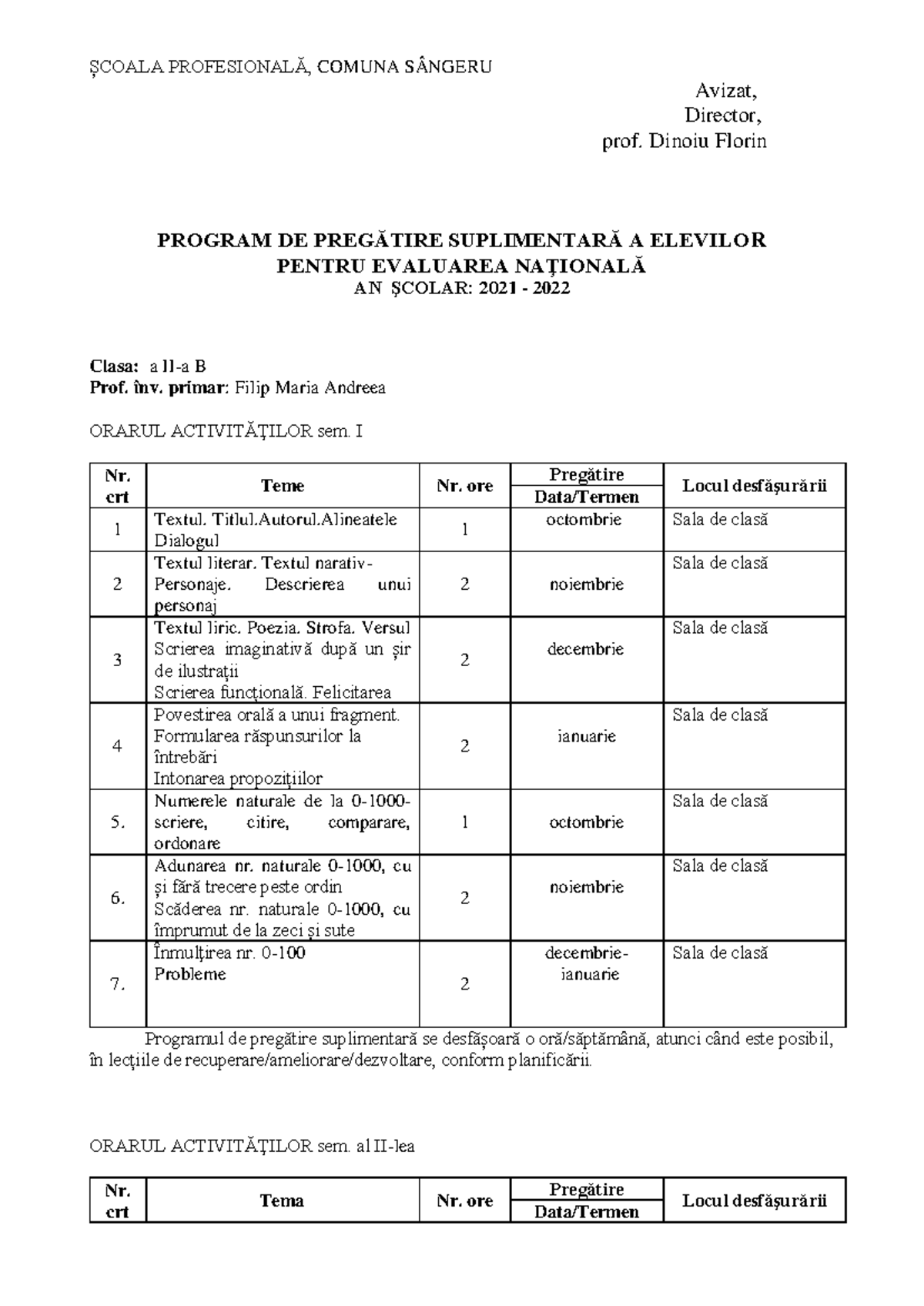 Program pregatire en clasa ii b - ȘCOALA PROFESIONALĂ, COMUNA SÂNGERU ...