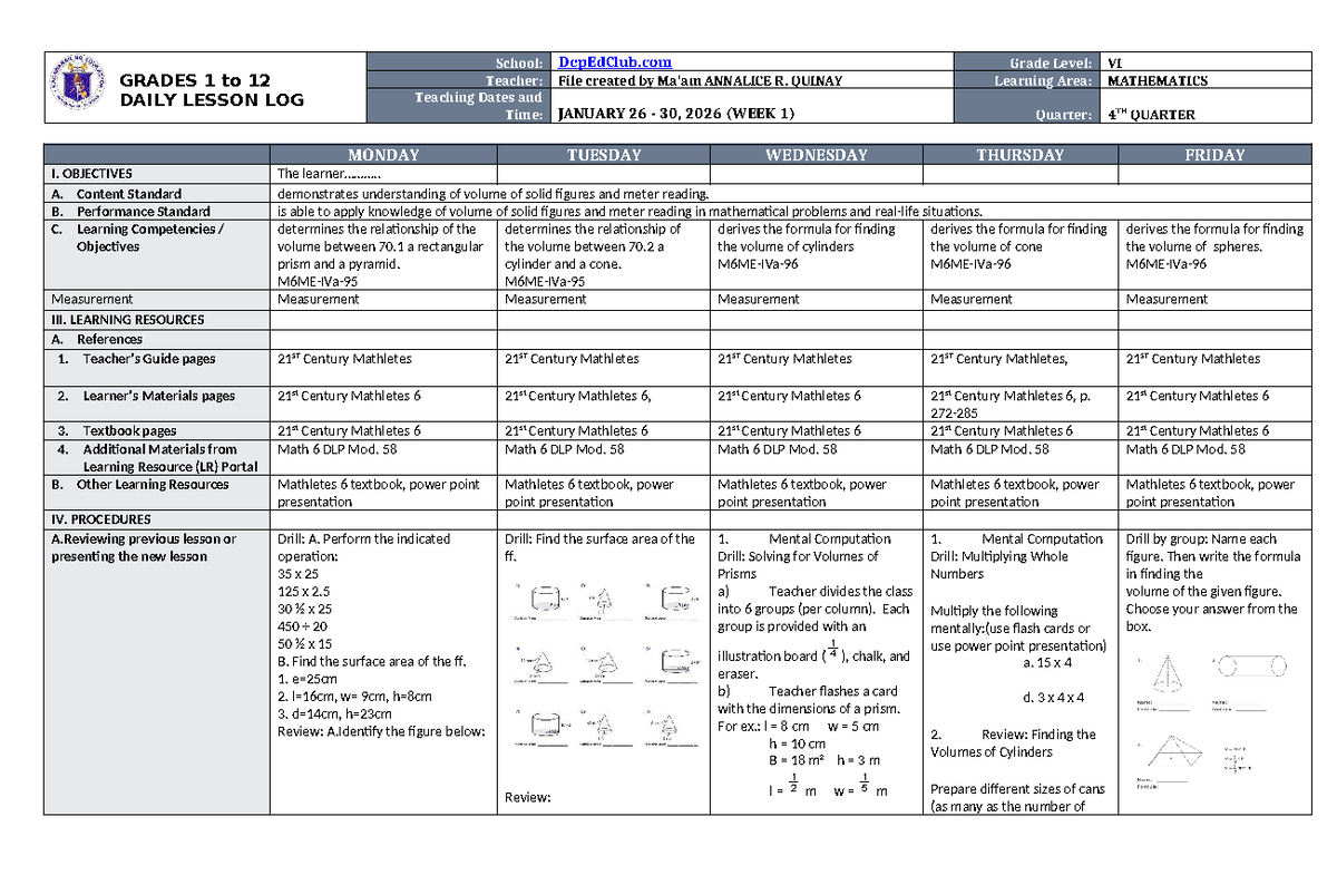 DTC DLL Mathematics 6: Daily Lesson Log for Volume Concepts (Q4 W1 ...