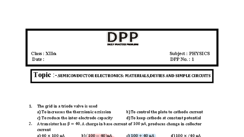 Class XII Physics DPP No. 1 & 2: Electronics, Materials, Devices ...