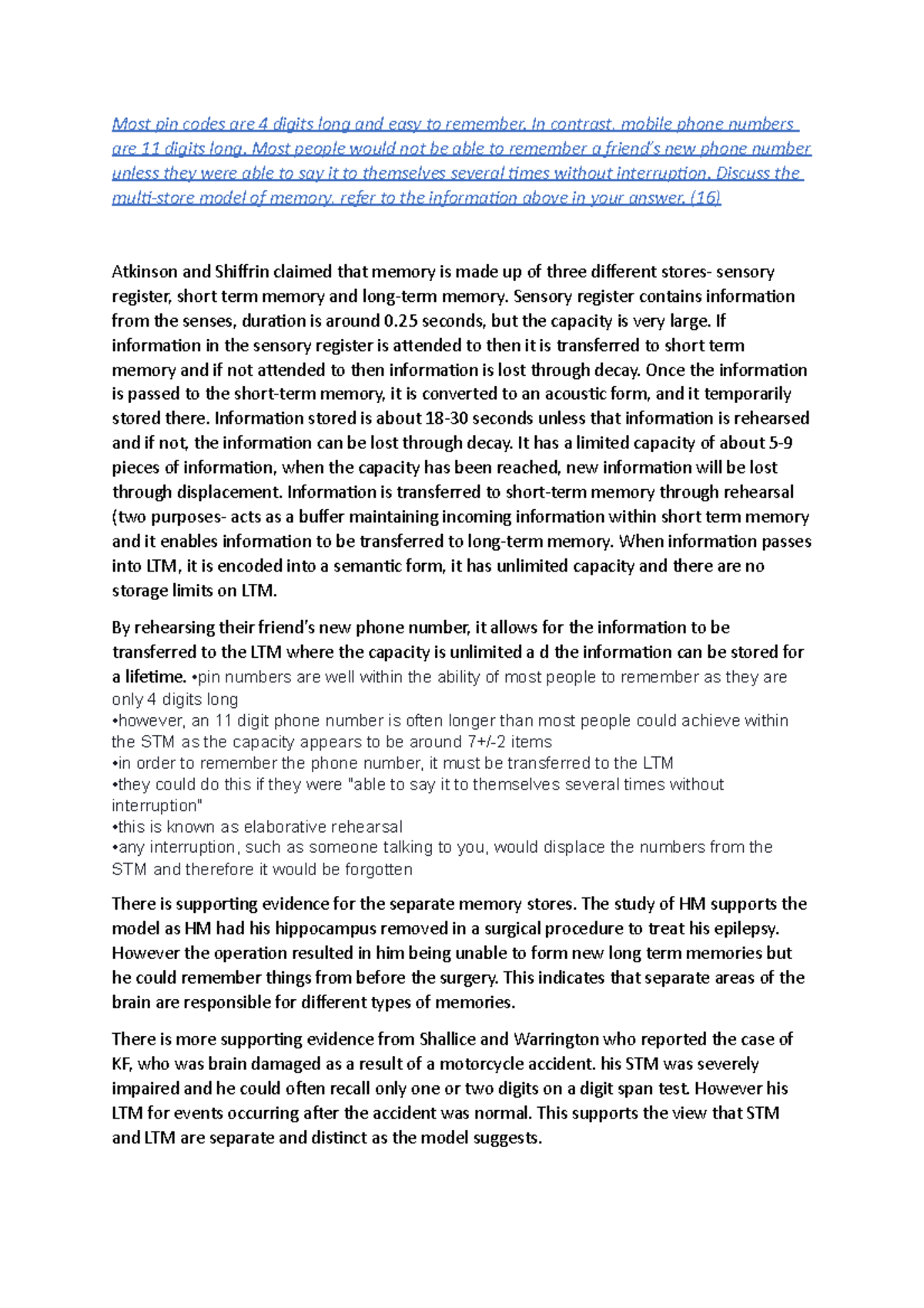 AO2 Multi-Store Model of Memory: 16 Marker Analysis (May 2019) - Studocu