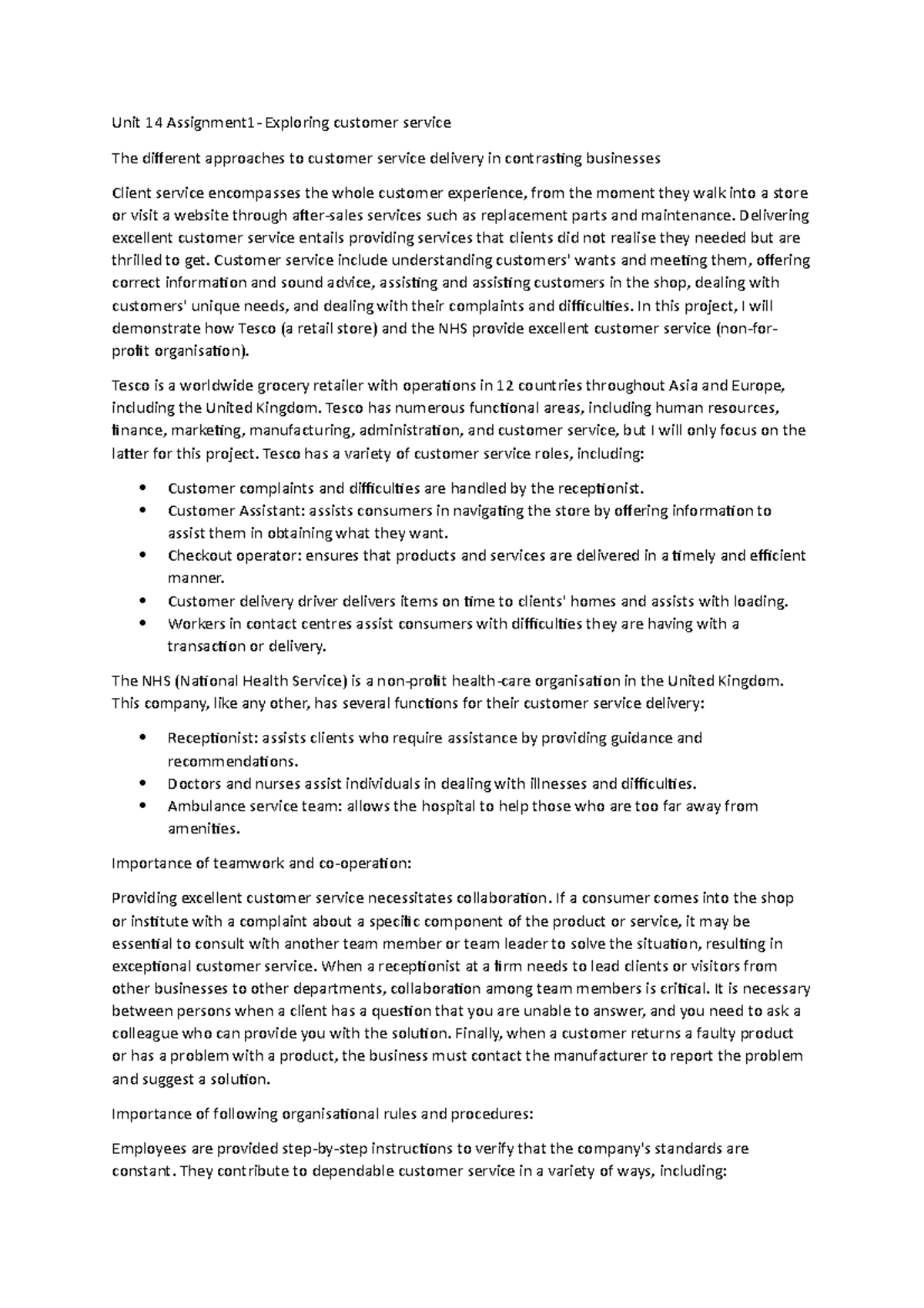 Unit 14 Assignment 1- Exploring customer service copy - Unit 14 ...
