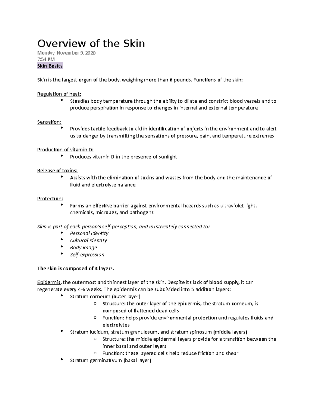 Overview of the Skin - Overview of the Skin Monday, November 9, 2020 7: ...