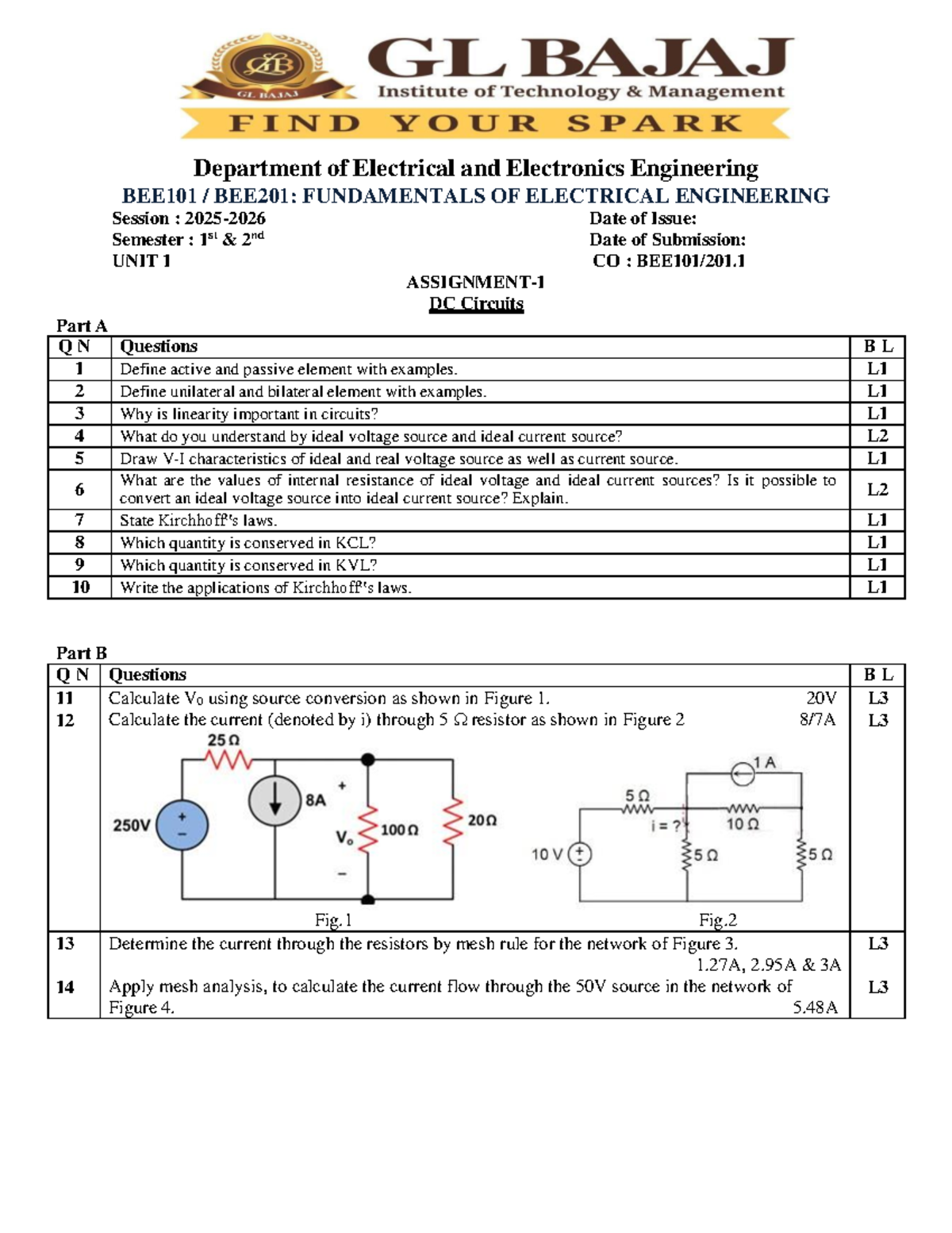 BEE101 BEE201: Fundamentals of Electrical Engineering Assignment 2025-26 - Studocu