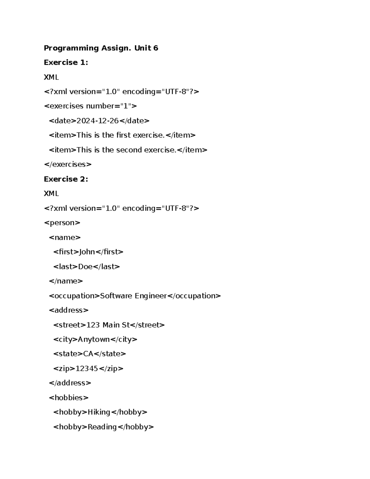 Programming Assign. Unit 6 - Programming Assign. Unit 6 Exercise 1: XML