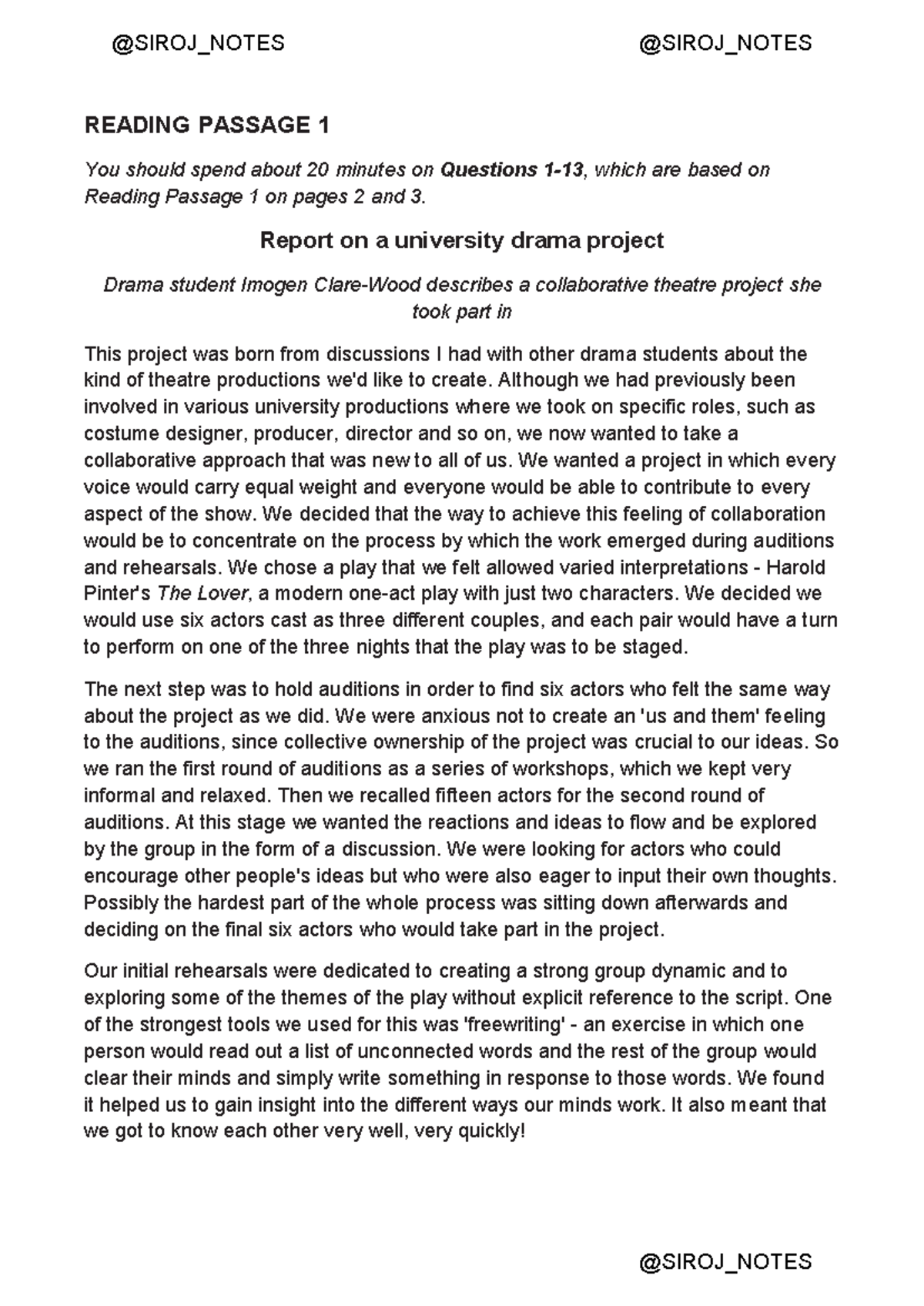 DAY 13 READING PASSAGE 1: Collaborative Theatre Project Insights - Studocu