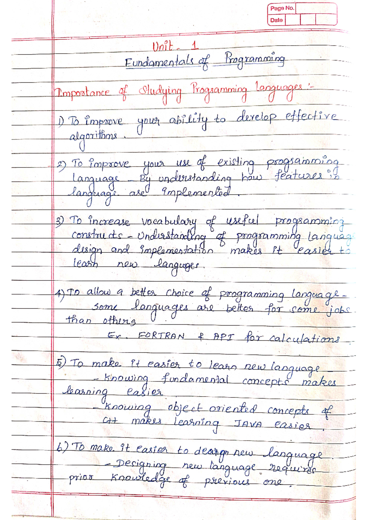 PPL UNIT 1 Notes - Page No. Date Unit. 1 Fundamentals of Programming ...