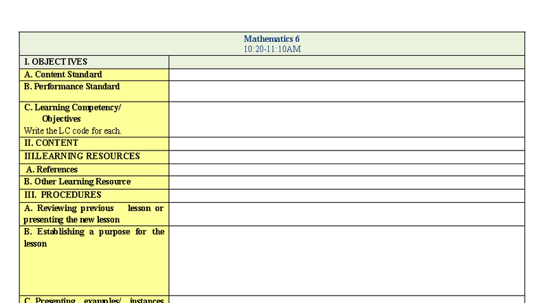 Mathematics 6 Lesson Plan and Objectives (DLL) - Studocu