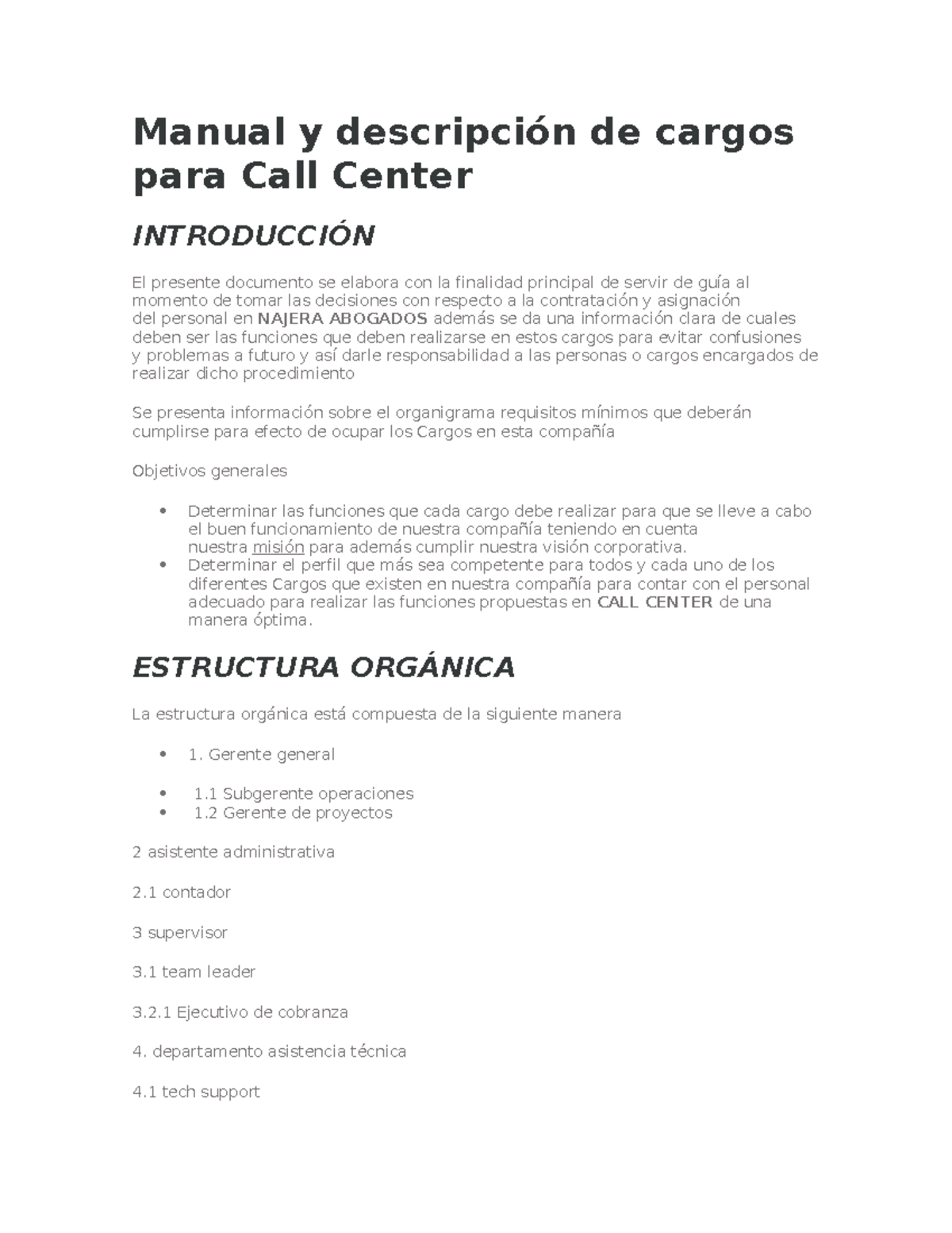 Manual y Descripción de Cargos para Call Center - NAJERA ABOGADOS - Studocu