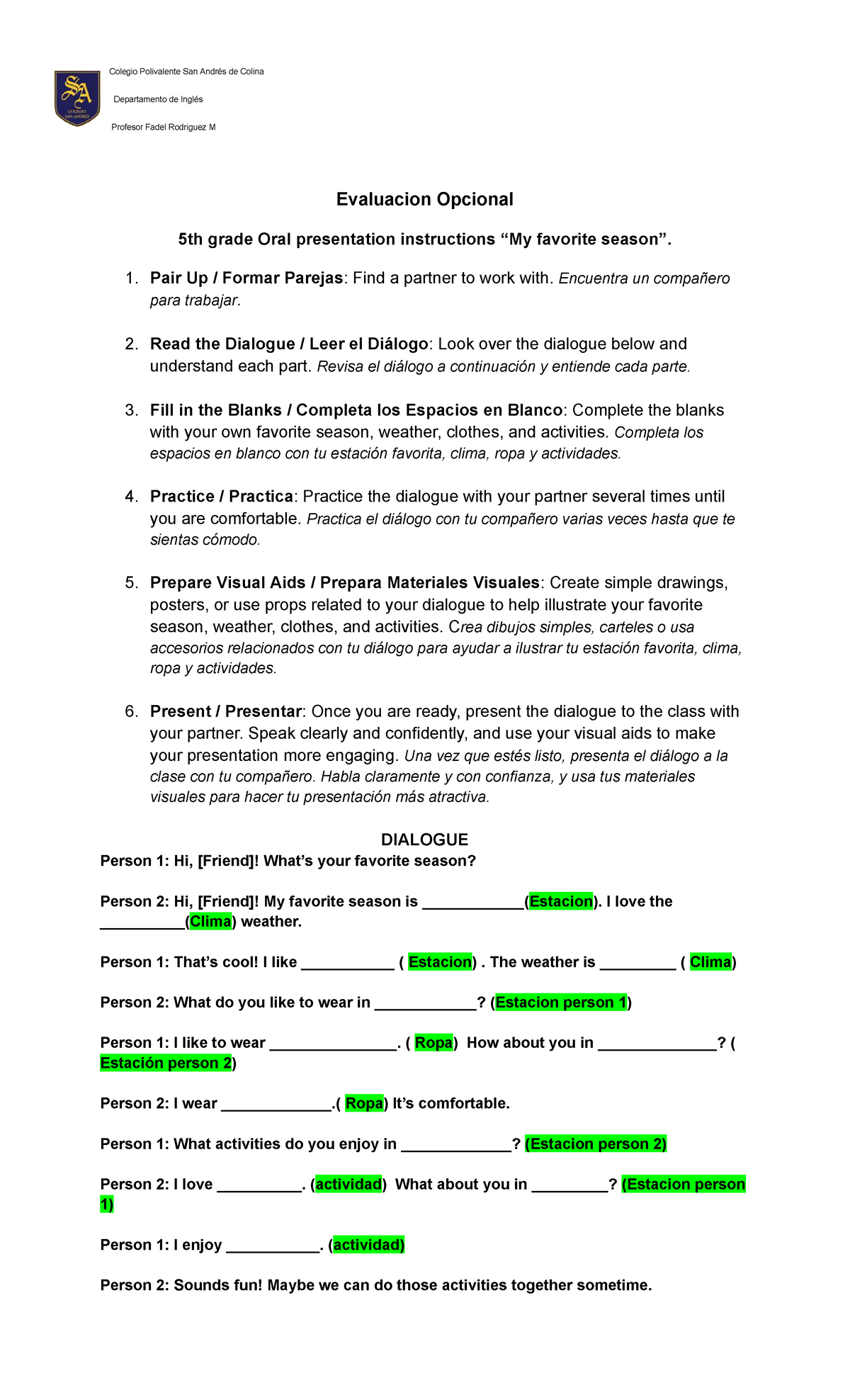 5th Grade Oral Presentation Instructions: My Favorite Season - Studocu