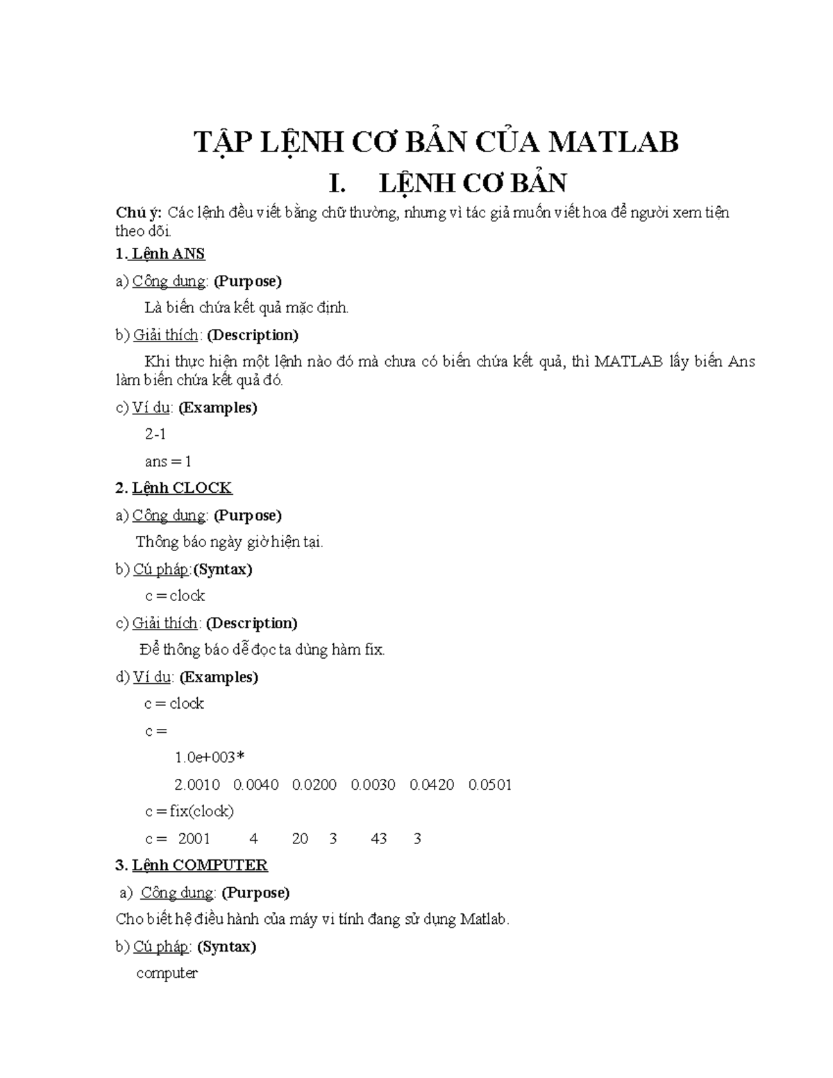 Tập Lệnh Cơ Bản Trong MATLAB (MATLAB 101) - Studocu