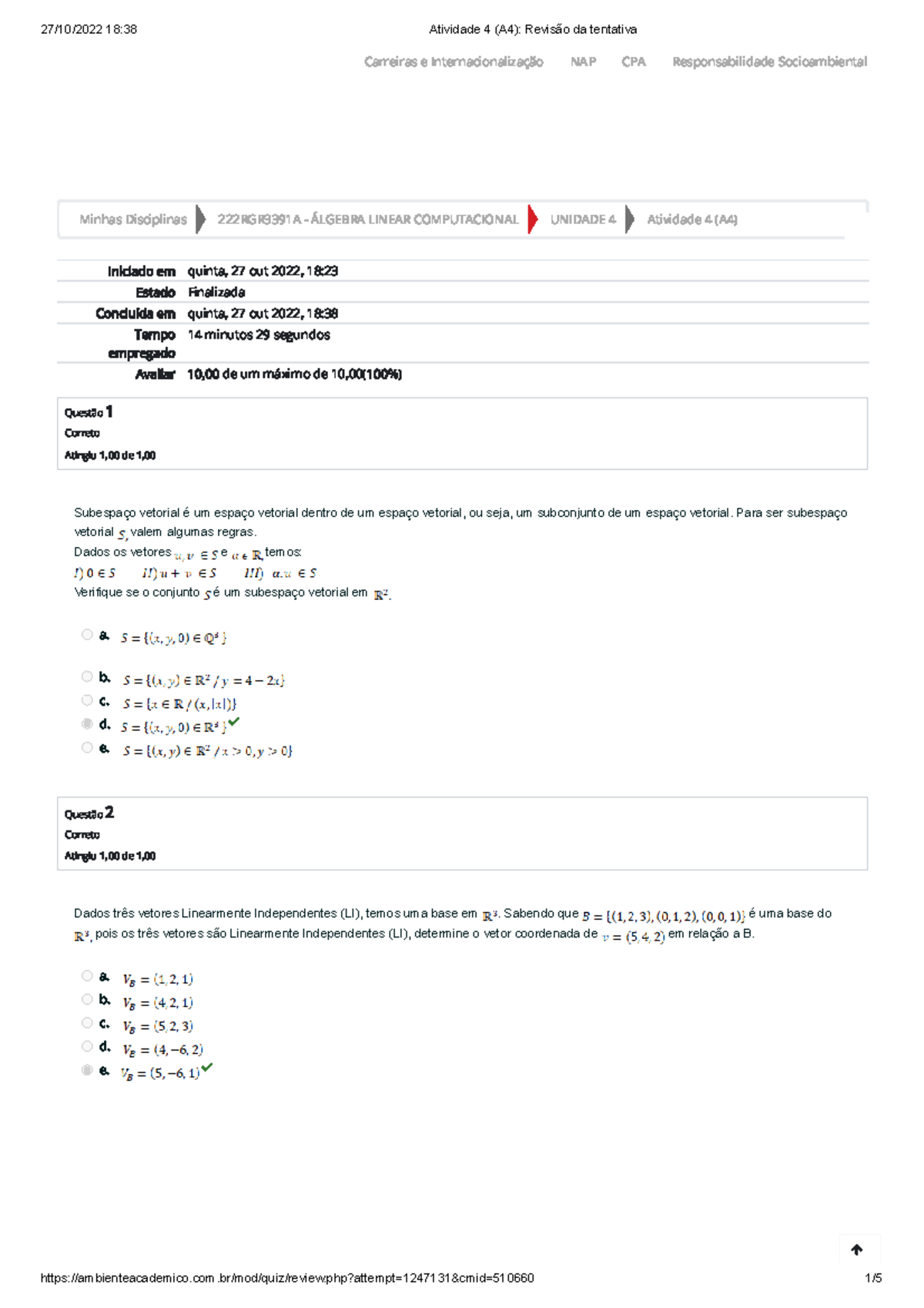 Atividade A4 - Respostas de Álgebra Linear Computacional 222RGR3391A - Studocu