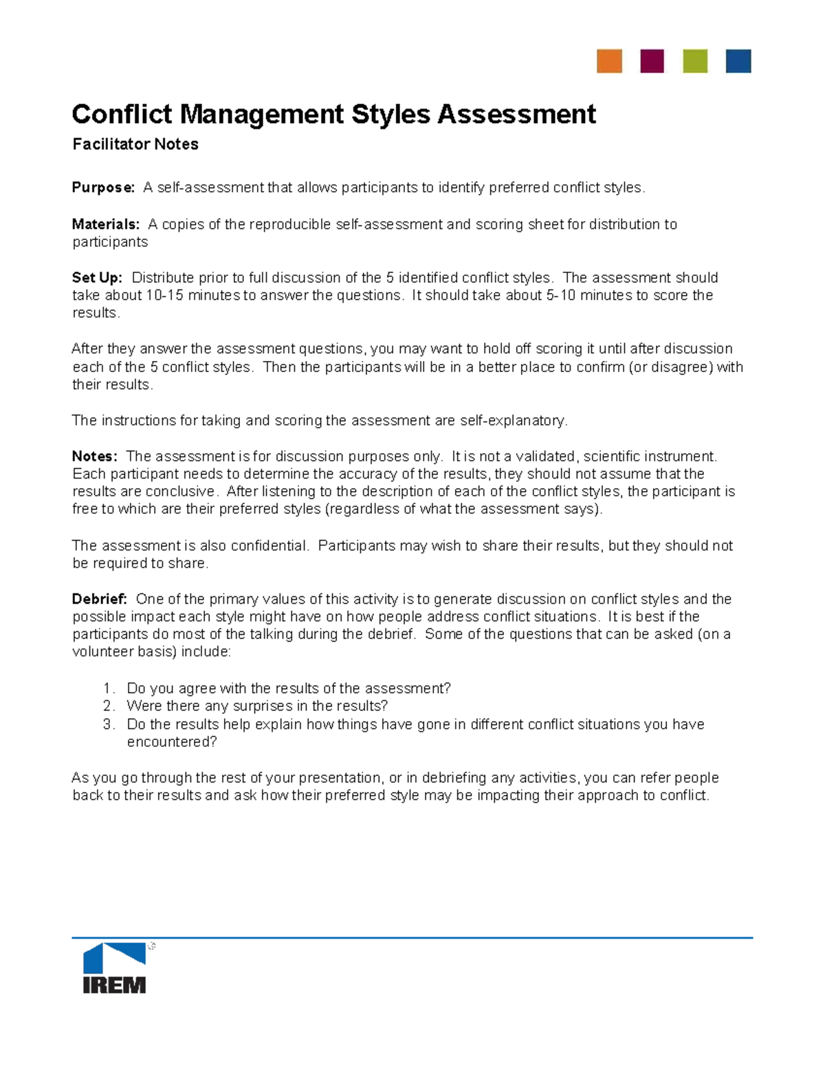 Activity Conflict Management Styles Assessment - Conflict Management ...