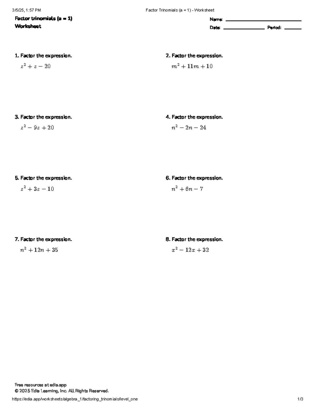 Algebra 1: Factor Trinomials (a = 1) - Practice Worksheet - Studocu