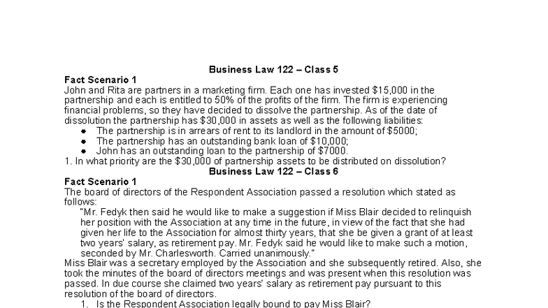Business Law 122 Final Exam Fact Scenarios and Analysis - Studocu