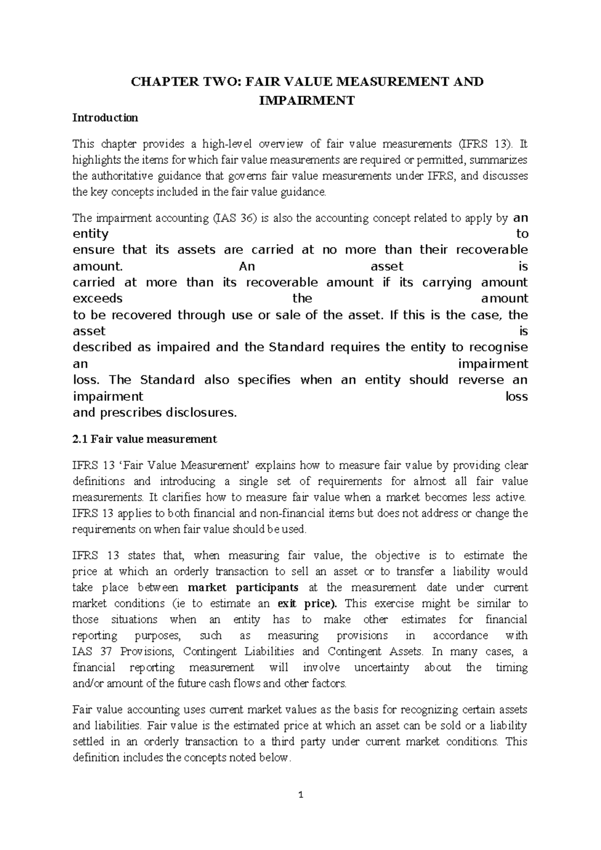 Chapter 2 IFA1 - Overview of Fair Value Measurements & Impairment - Studocu