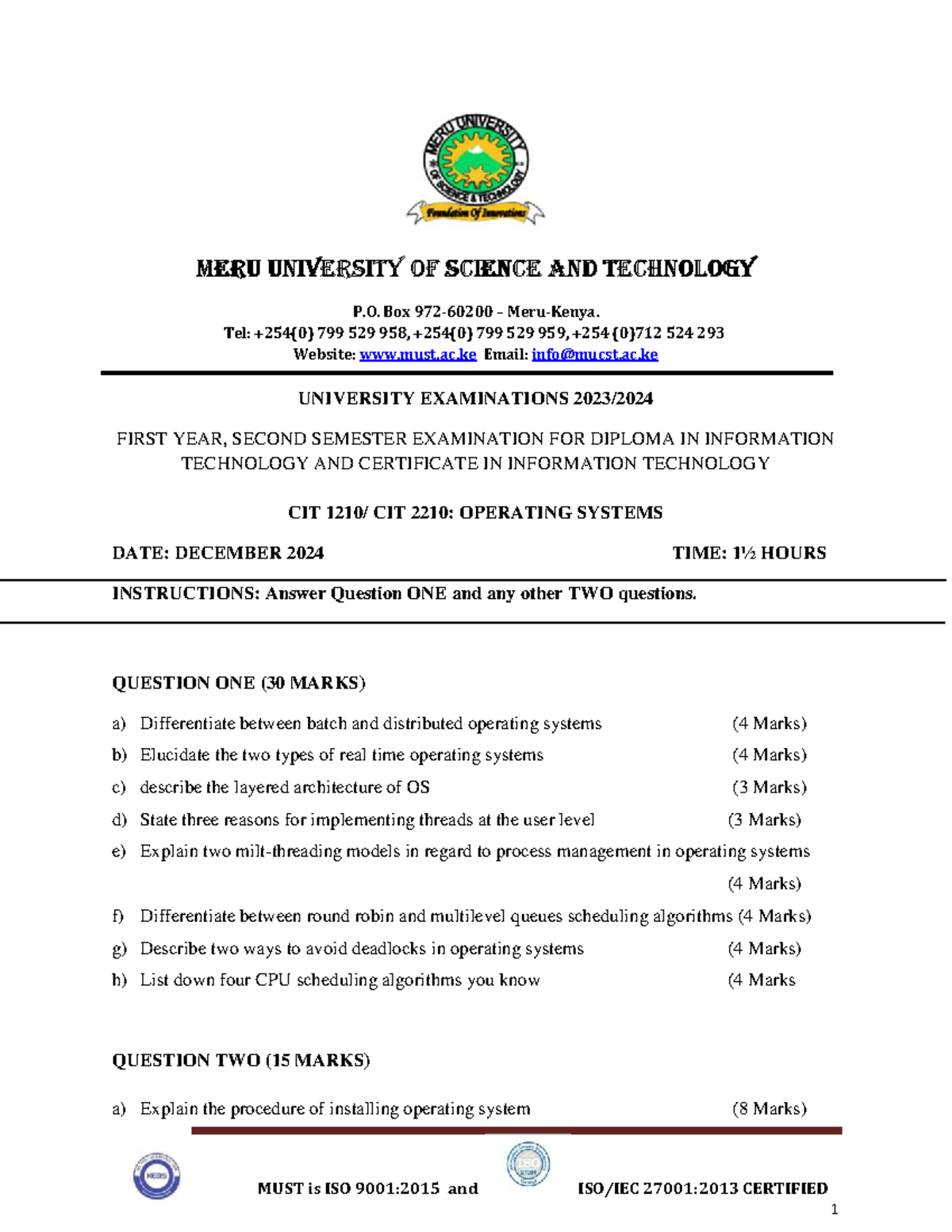 CIT 2210: Operating Systems Exam Questions and Guidelines - Studocu
