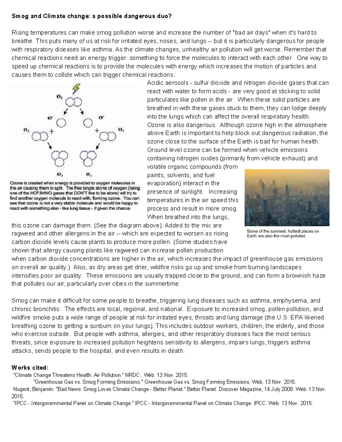 STSE Climate Change Chemistry 2015: Smog's Dangerous Impact on Health ...
